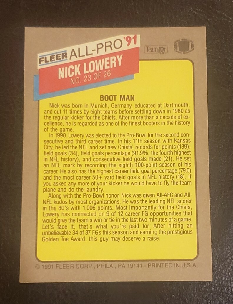 1991 Fleer - All-Pro #23 Nick Lowery for sale online | eBay
