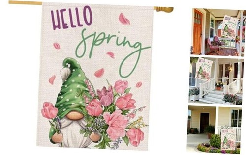 Hello Spring House Flag for Outdoor Gnome with Roses Flowers Yard Flags ...