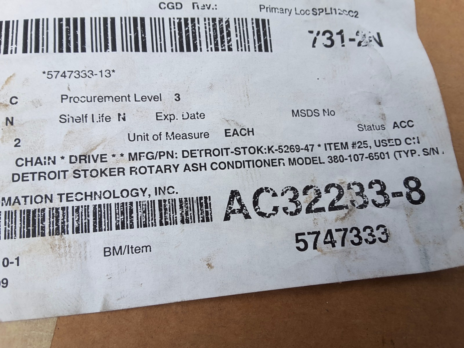 DETROIT STOKER CHAIN DRIVE K-5269-47 ROTARY ASH CONDITIONER 380-1076501 ...