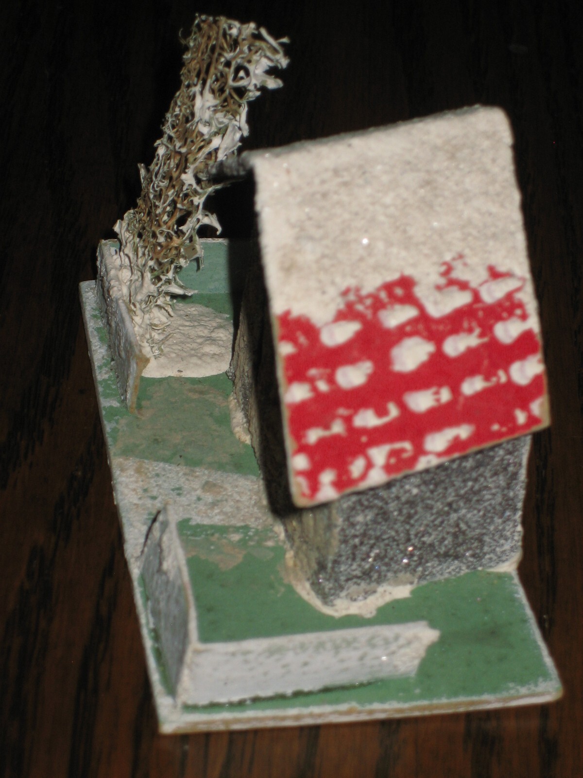 Vtg CHRISTMAS PUTZ HOUSE Silver Glitter Red Roof Sponge Tree Japan 2" x ...