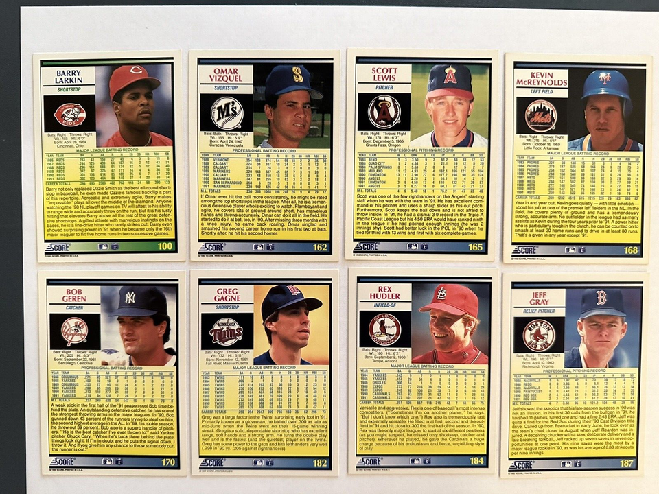 1992 Score Baseball -Lot of 8 cards - (#100, 162, 165, 168, 170, 182 ...