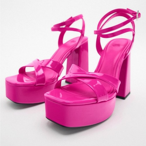 ZARA BARBIE PINK PATENT STRAPPY CHUNKY PLATFORM HEEL SANDALS SIZE 9 | eBay