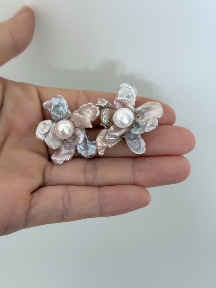 Handmade Rose Model Natural Keshi Pearl Earrings with S925 Silver ...