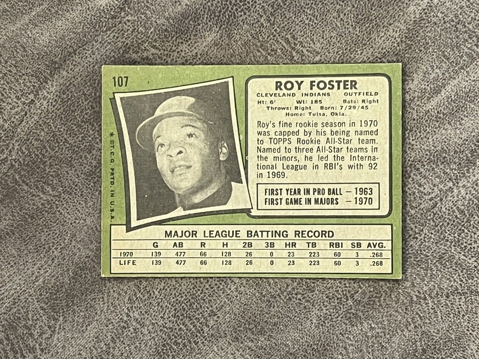 1971 Topps Roy Foster #107 EX-MT All-Star Rookie RC Cleveland Indians ...