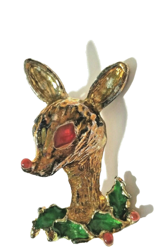 REINDEER DEER HEAD VINTAGE PIN FIGURAL HOLLY BERRIES | eBay