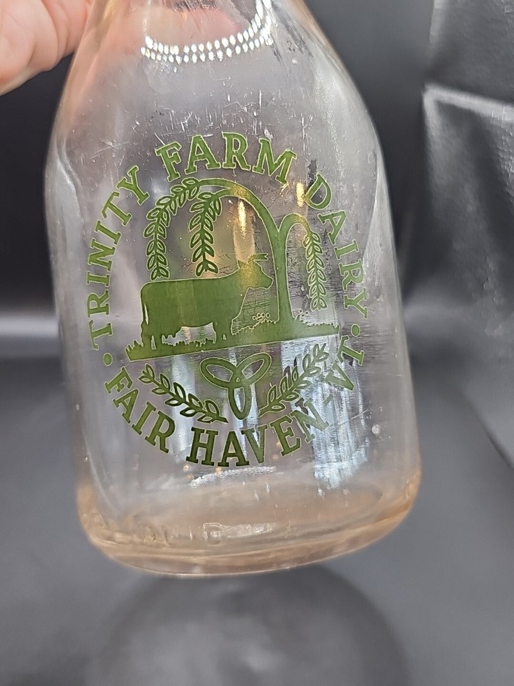 Tall round green Quart pyro milk bottle Trinity Farm Fair Haven VT cow ...