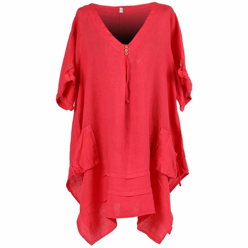 Ladies Italian Quirky V Neck Lagenlook Linen Kaftan Womens Plain Tunic ...
