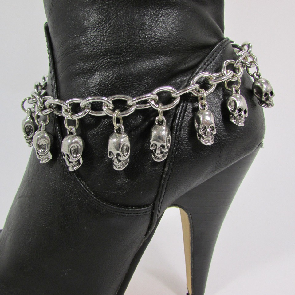 Women Fashion Boot Chain Bracelet Strap Silver Metal Shoe Skulls Charm ...