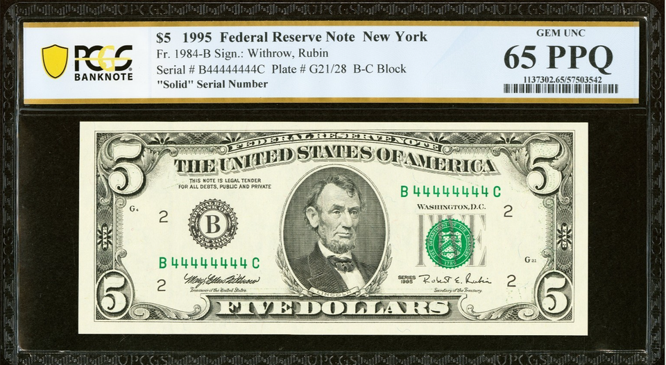 $5 44444444 True Super SOLID Serial Number Fancy Five Dollar 1999 PCGS ...