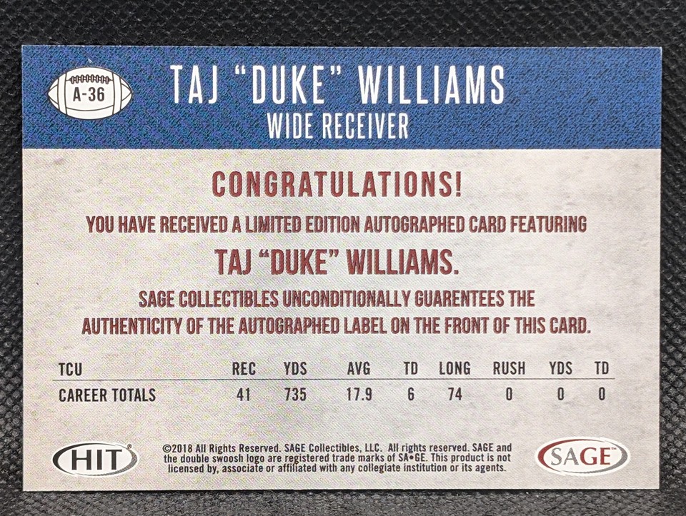 2018 SAGE HIT Taj Williams Rookie Auto Red - TCU Horned Frogs | eBay