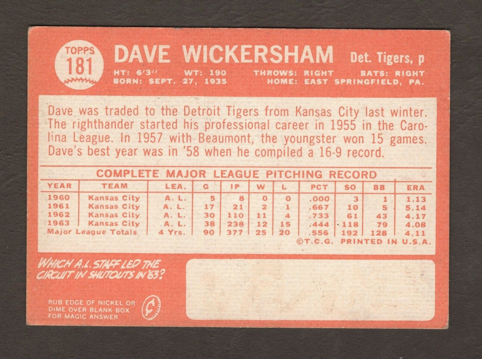 1964 Topps Baseball Card #181 Dave Wickersham – Detroit Tigers | eBay