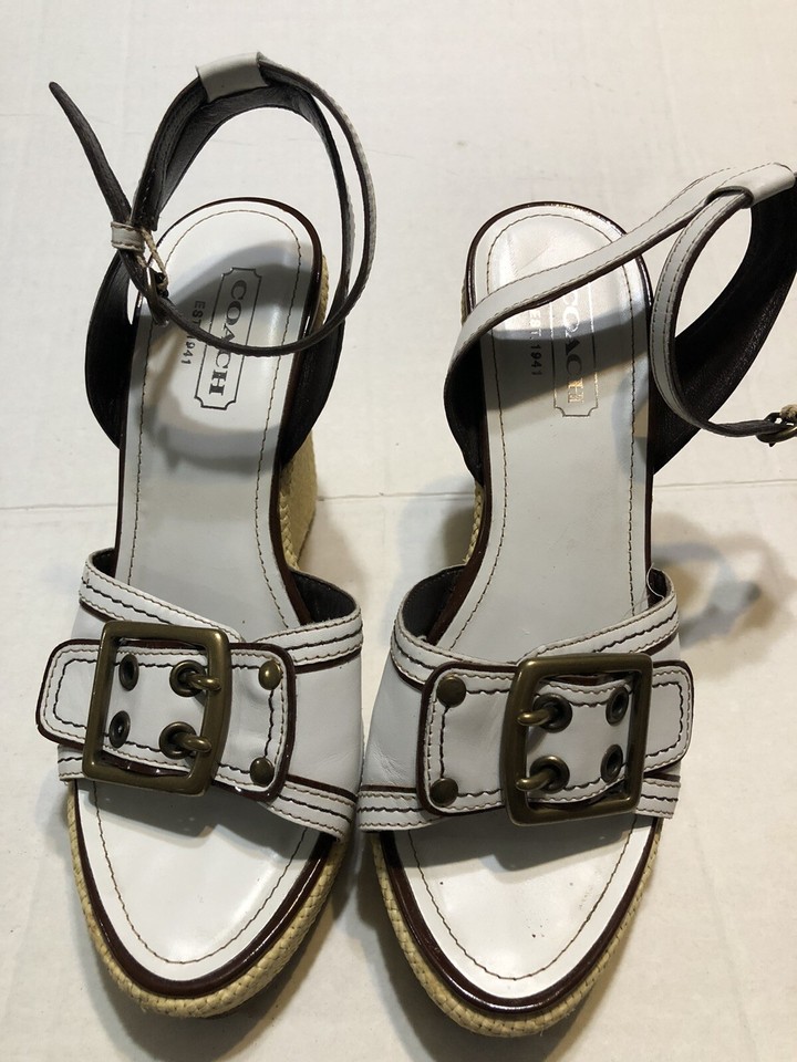 COACH Barrie White Raffia Wedge Sandals - Open Toe, Ankle Strap - Size ...
