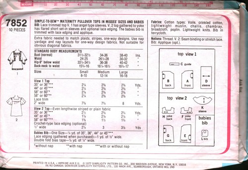 7852 Vintage Simplicity SEWING Pattern Misses 1970s Maternity Pullover ...