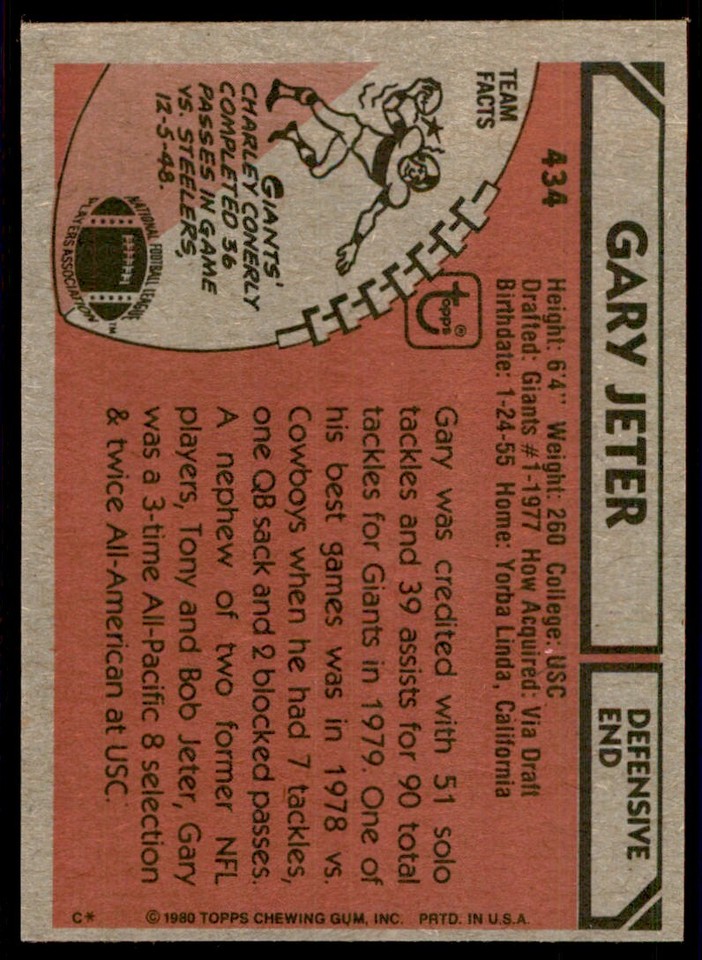 1980 Topps Gary Jeter Football Card New York Giants #434 | eBay