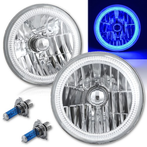 7" Blue COB LED Halo Angel Eye H4 Headlamp Headlight Halogen Light Bulb ...