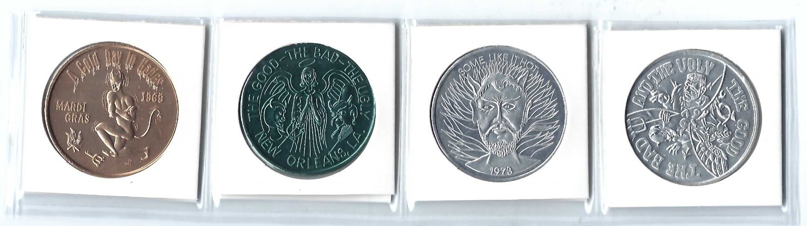 4 VINTAGE DEVIL SATAN HELL MYSTICISM GOOD BAD UGLY COINS TOKENS MEDAL ...