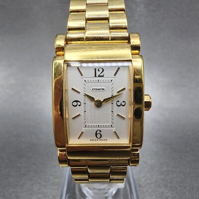Coach Tank Watch Women 20mm White Dial Gold Tone Rectangle W015 New ...
