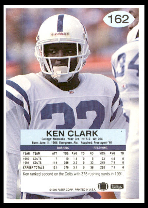 1992 Fleer #162 Ken Clark Indianapolis Colts | eBay