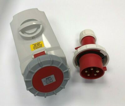 Red 32Amp 5 Pin Interlocked Socket + Plug Waterproof IP67 415v 3 Phase ...