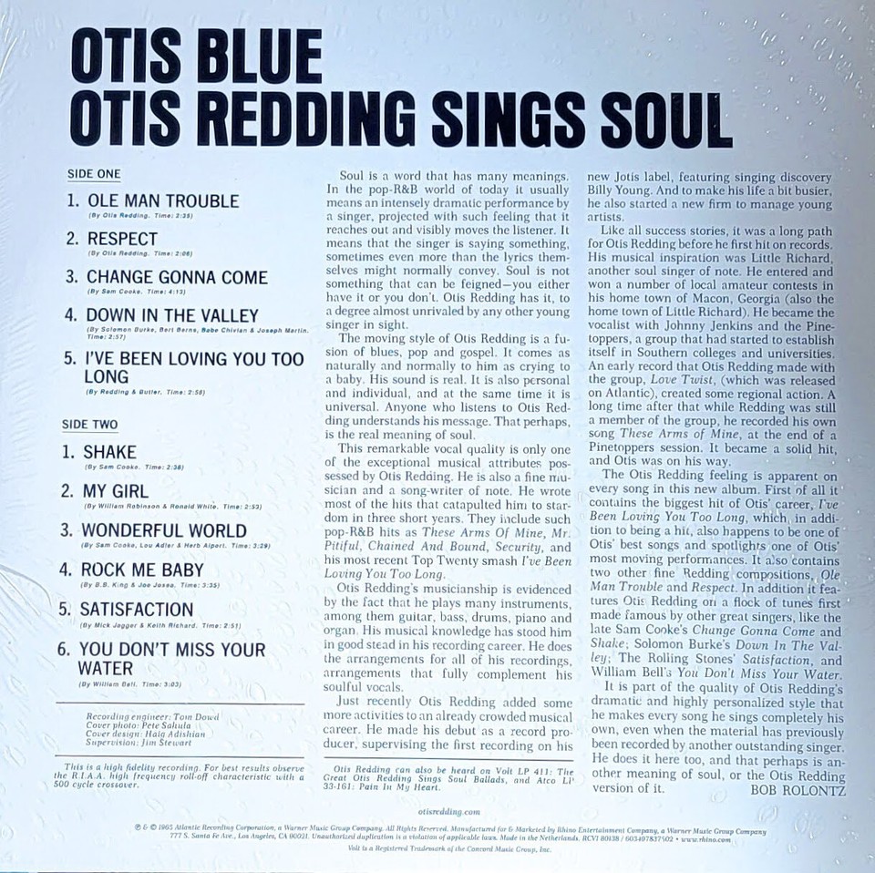OTIS BLUE: OTIS REDDING SINGS SOUL -CLEAR VINYL LP "NEW, SEALED ...