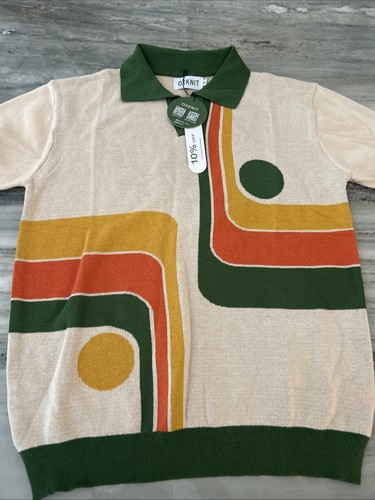 Oxknit Store Sweater Mens Medium Knit Polo Shirt Beige Geometric Retro ...