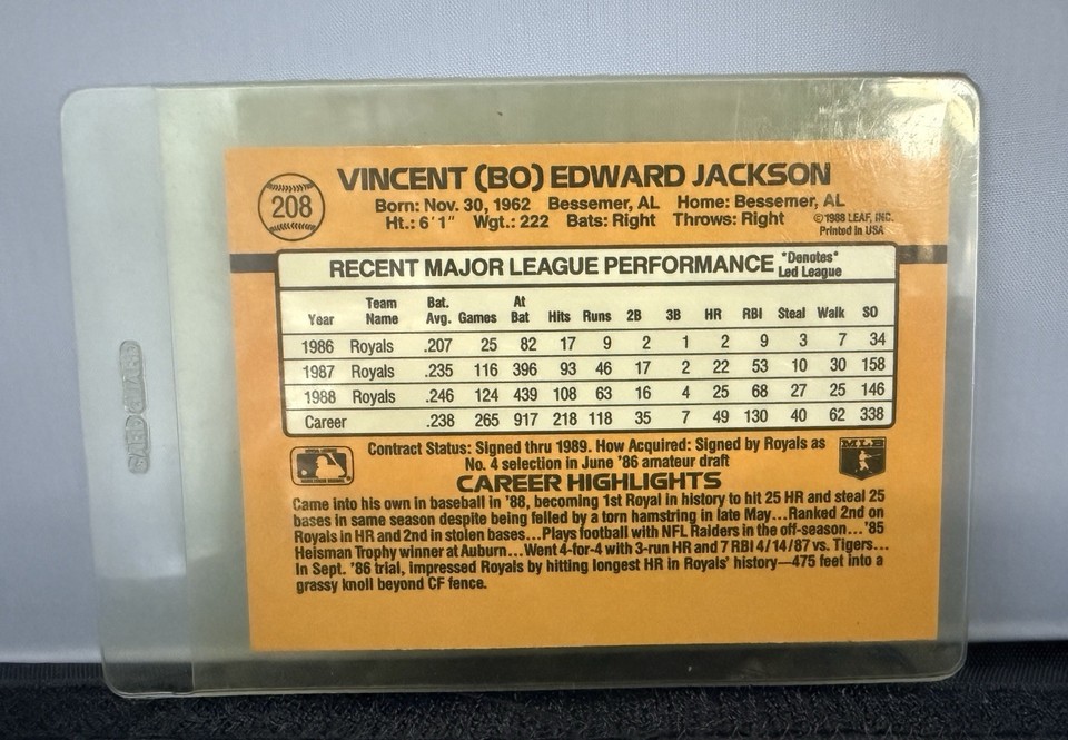 Bo Jackson Donruss 1989 #208 Double Error Card Very RARE! Mint | eBay