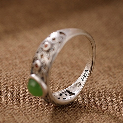 Real Solid 925 Sterling Silver Band Natural Jade Jasper Hollow Pattern ...