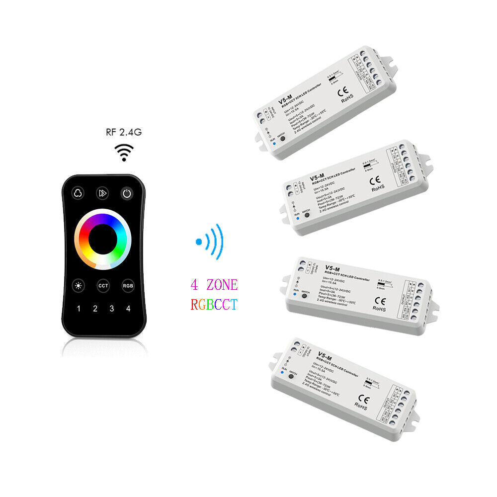 2.4G RGB+CCT RF LED Strip Controller Dimmable 12V 24V + 4 Zone Remote ...