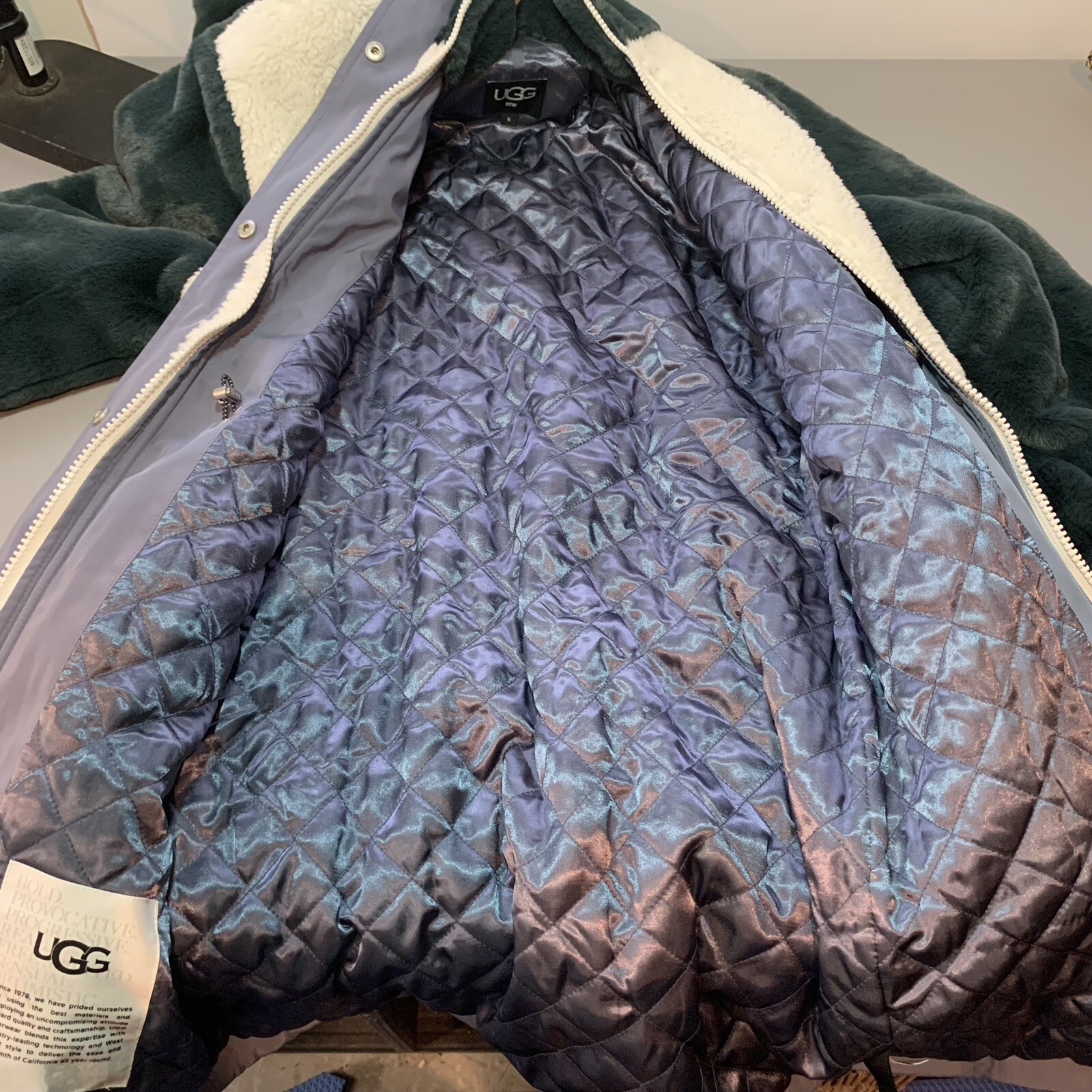 NEW UGG LETTY SHERPA BLOCK COAT JACKET BEIGE TEAL FULL LENGTH FAUX FUR ...