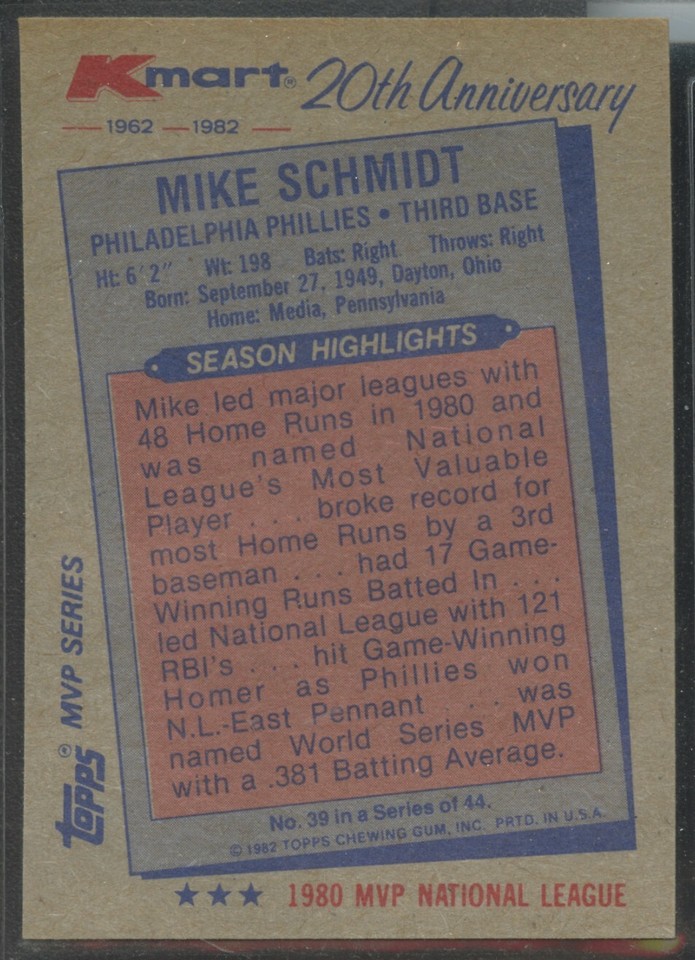 1982 Topps Kmart 20th Anniversary #39 1980 NL MVP Mike Schmidt ...