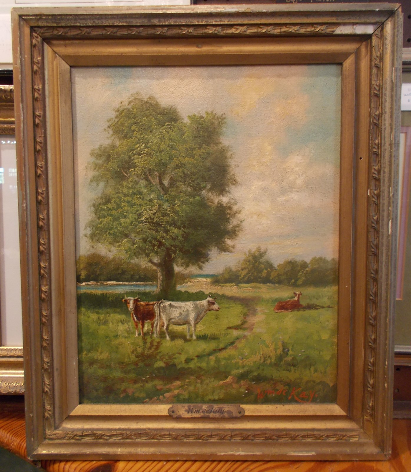 COWS IN PASTURE, oil canvas animals c1890 signed Wm deKay, estate art ...