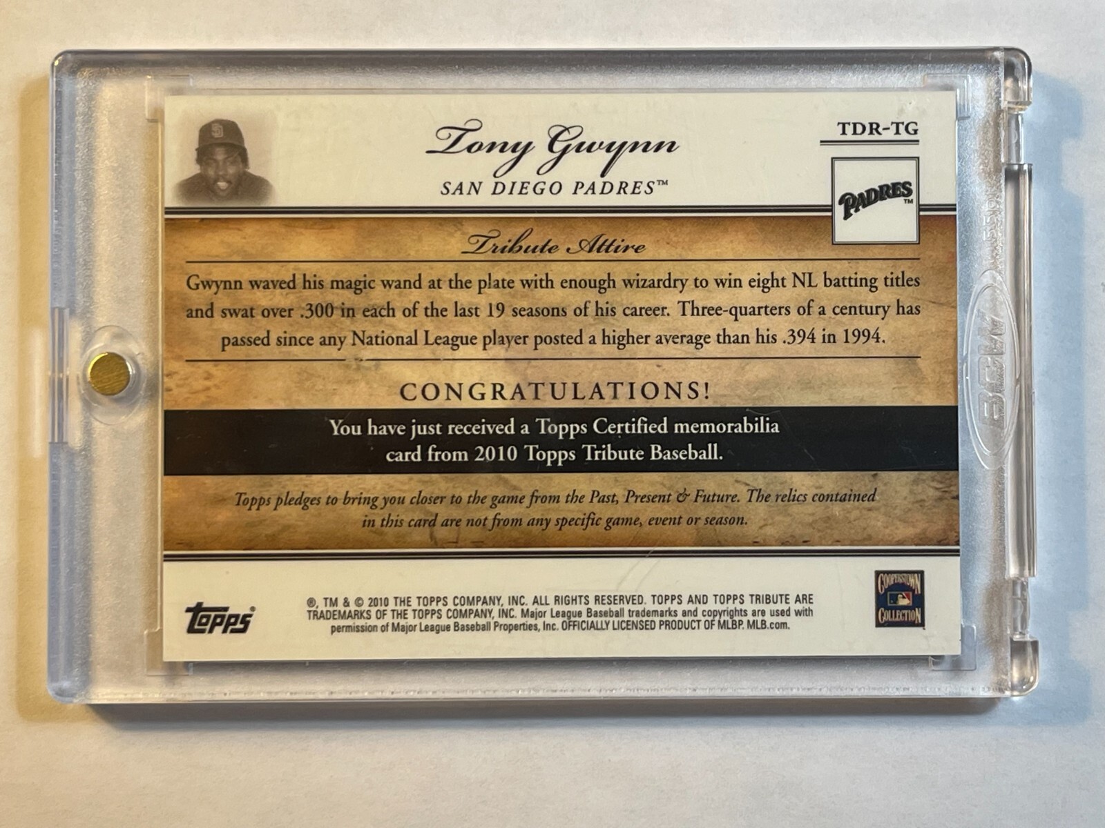 Tony Gwynn 2010 Topps Tribute Dual Jersey Relic #ed /99 TDR-TG San ...