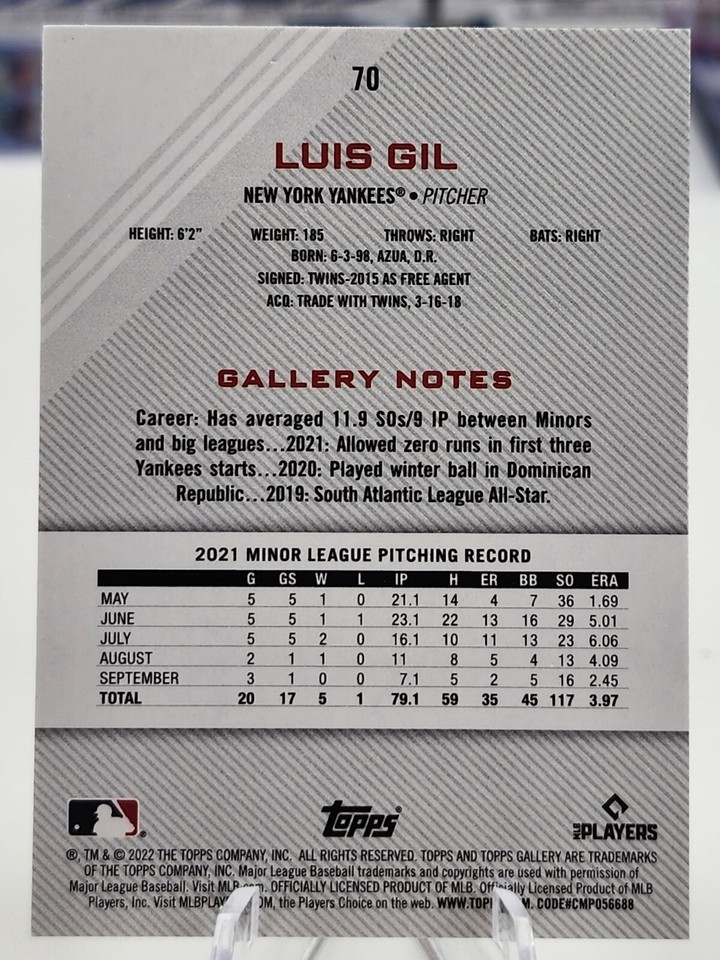 2022 Topps Gallery Baseball #70 Luis Gil RC New York Yankees Rookie ...