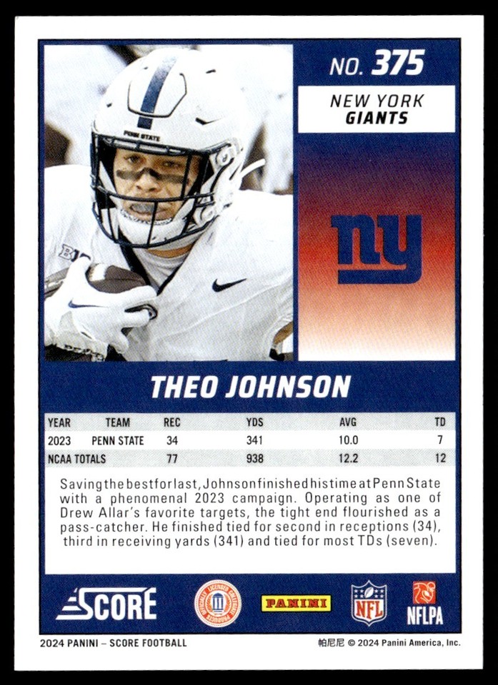 THEO JOHNSON 2024 SCORE FOOTBALL RC NEW YORK GIANTS #375 | eBay