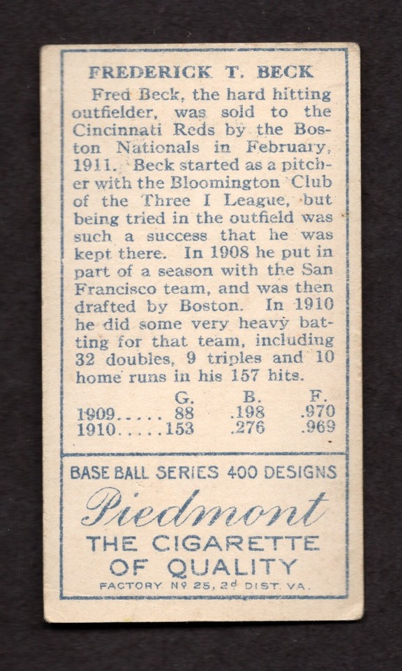 1911 T205 Gold Border Fred Beck Boston Piedmont Back | eBay