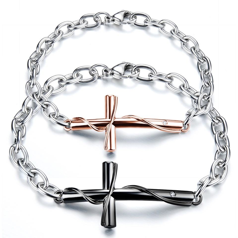 His Hers Stainless Steel Couples Matching Cross Charm Bracelet Pendant ...