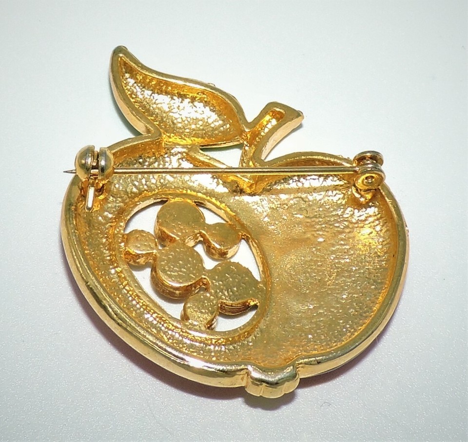 3229~Vtg Goldtone Rhinestone Guilloché Enamel Rhinestone Figural Apple ...