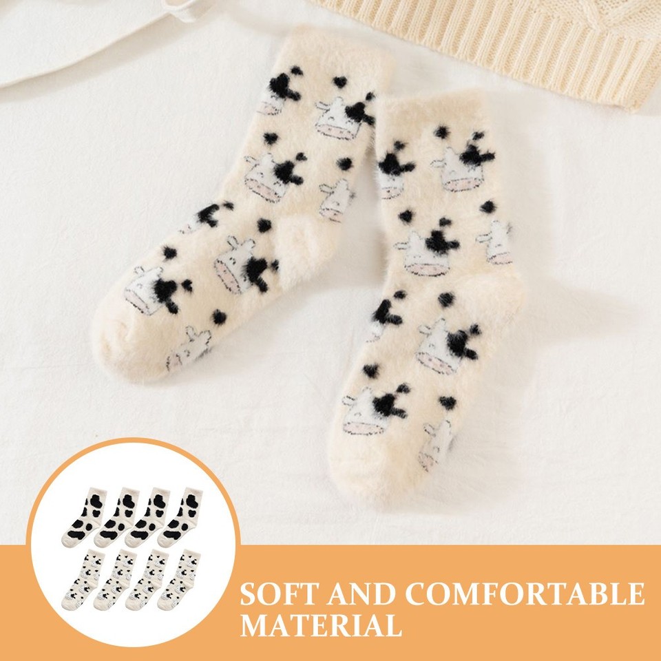 4 Pairs Cute Socks Fuzzy Cow Socks Women Warm Socks Cozy Fluffy Slipper ...