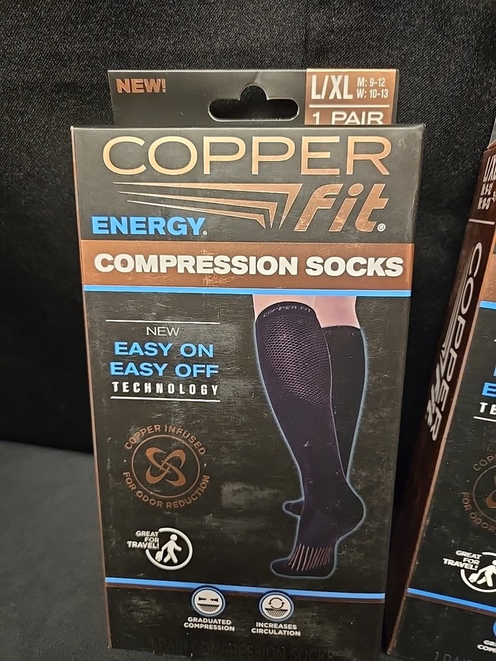 2ct Pack Of Copper Fit Energy Compression Socks Size L/XL 2 Pair Black ...