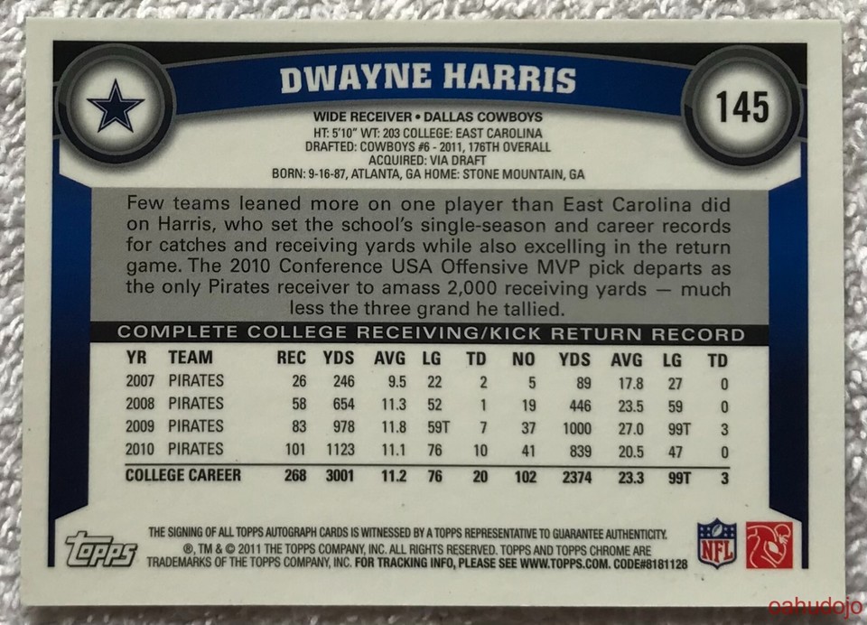 2011 Topps Chrome DWAYNE HARRIS #145 Rookie Autograph Dallas Cowboy SP ...