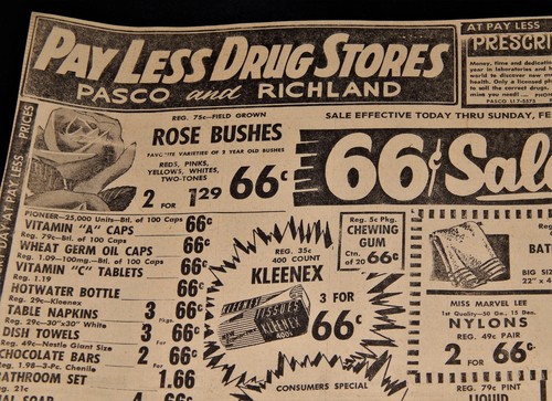 Vintage Advertisement, RICHLAND, WA, 1960, PAY LESS DRUG STORES, "66 ...