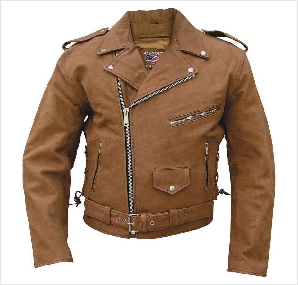 Men's Brown Buffalo Hide Leather Motorcycle Jacket Side Laces Tough and ...