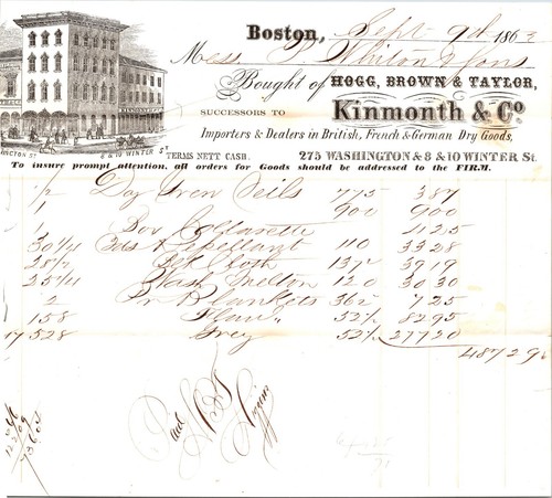 Kinmonth & Co Boston MA 1863 Civil War Era Billhead Dry Goods Hogg ...