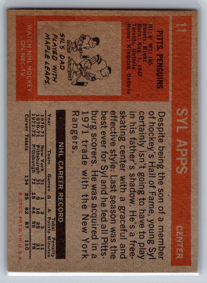 1972 Topps #11 Syl Apps Jr. PENGUINS | eBay