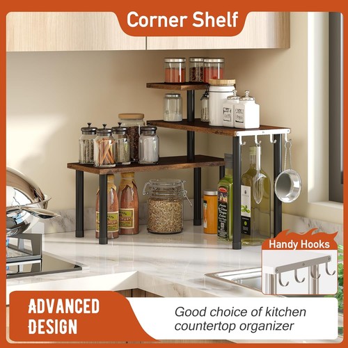 GHWIE Corner Shelf Organizer, 3 Tier Bamboo Kitchen Countertop Rustic ...