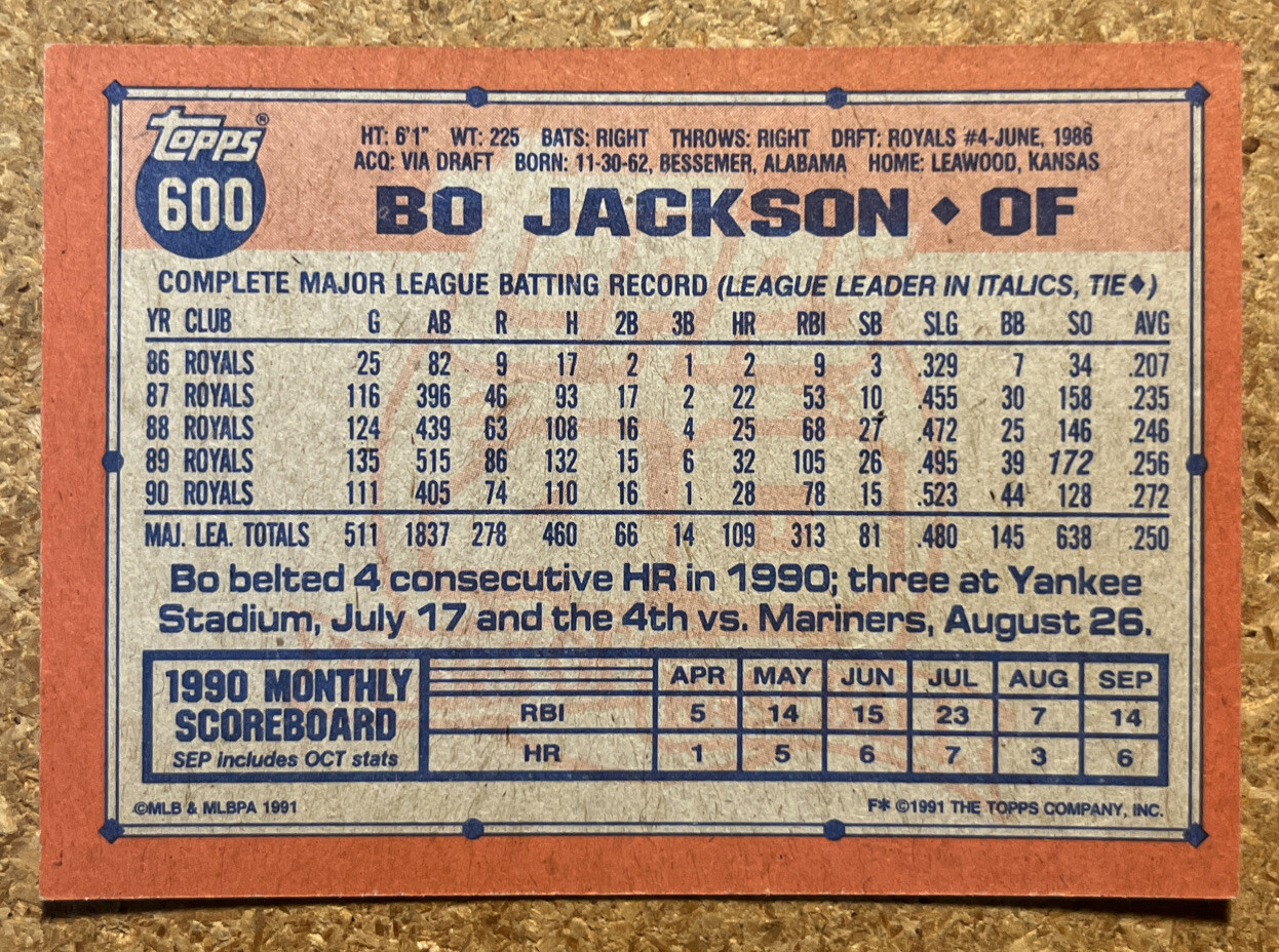 1991 Topps 40 Years Of Baseball Bo Jackson #600 Kansas City Royals | eBay