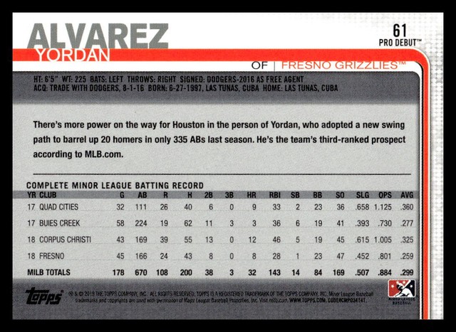 2019 Topps Pro Debut - #61 Yordan Alvarez (RC) for sale online | eBay