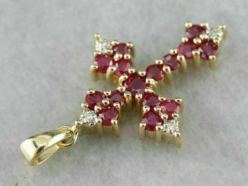 2CT Lab-Created Red Ruby Religious Cross Pendant Necklace 14K Yellow ...