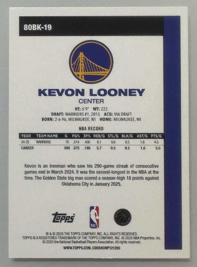 2025-26 Topps Kevon Looney 1980-81 45th Anniversary Silver Foil ...