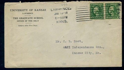 US Perfins cover 1916, U 039, Univ. of Kansas, 8 bar machine cancel | eBay